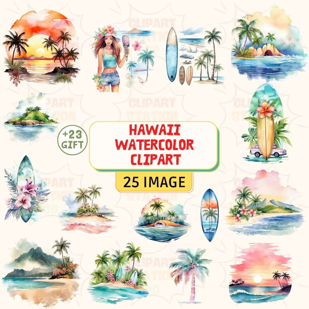 Hawaii Watercolor Clipart, Watercolor Tropical Sunsets Clipart ...
