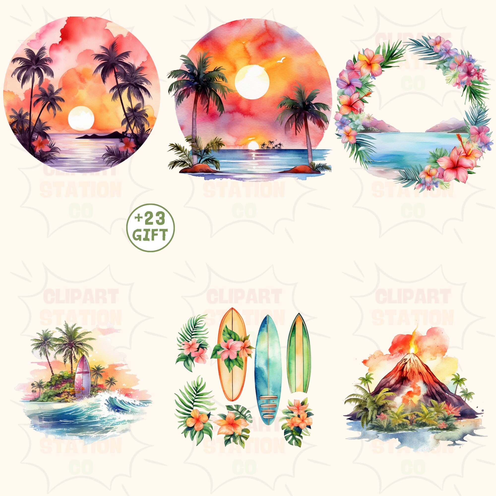 Hawaii Watercolor Clipart, Tropical Island Summer Surfing Pastel ...