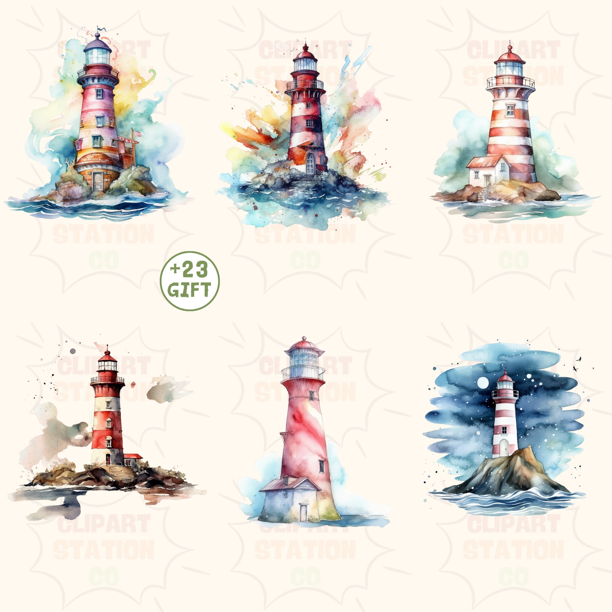 Lighthouse Clipart, Watercolor Lighthouse Clipart, Clipart Bundle, Printable Lighthouse Junk ...