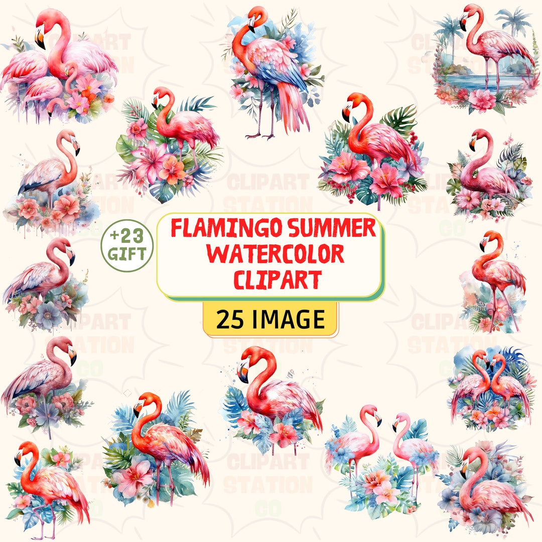 Watercolor Flamingo Clipart, Flamingo Beach Sunset Clipart, Watercolor ...