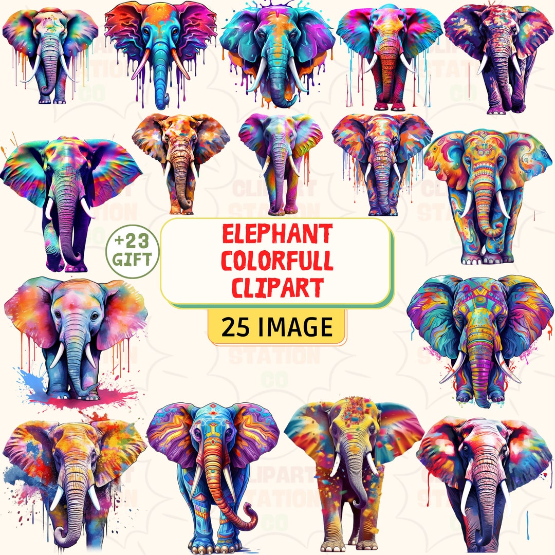 Colorful Watercolor Cute Elephant Clipart Bundle, Clipart Bundle ...