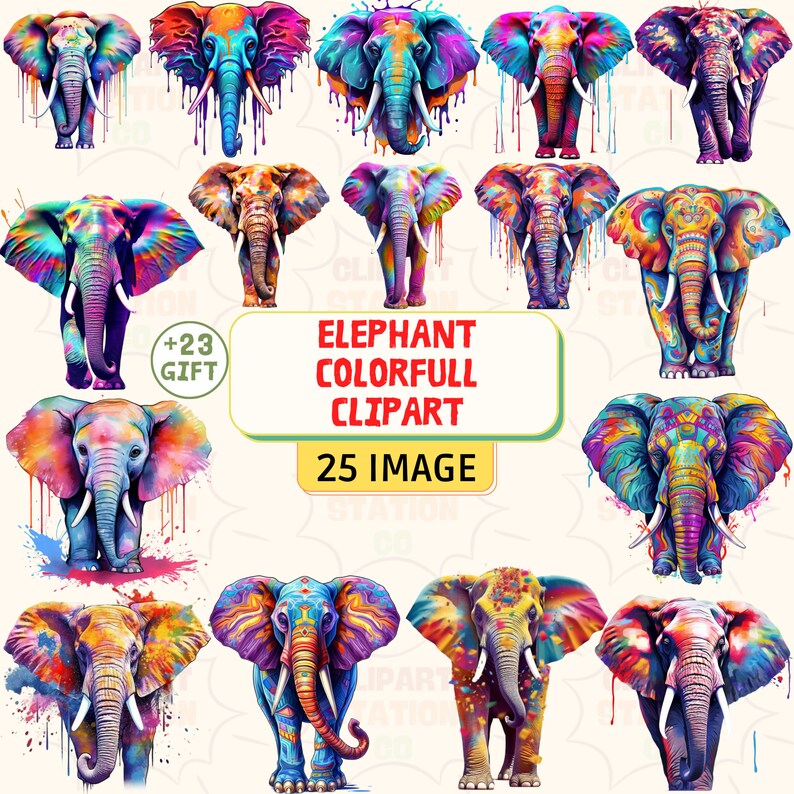 Colorful Watercolor Cute Elephant Clipart Bundle, Clipart Bundle ...