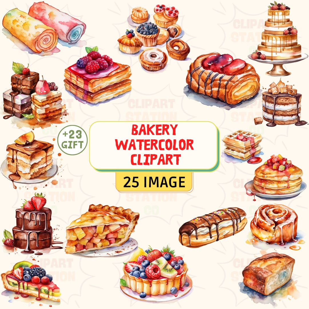 Bakeries Watercolor Clipart Bundle, Bakery Images, Sweet Treat Graphics ...