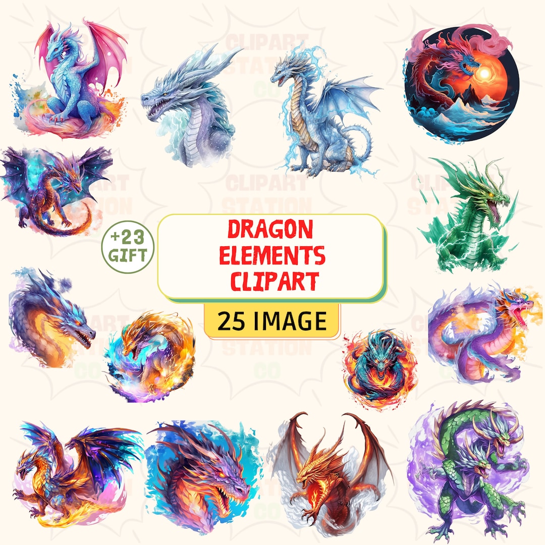 Elemental Dragons Watercolor Clipart Magical Fairytale - Etsy