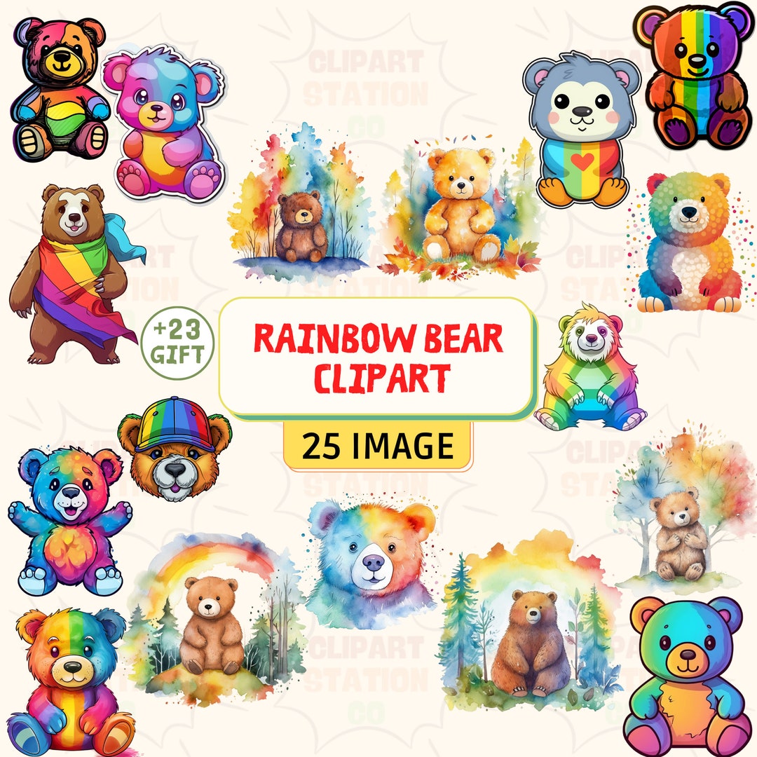 Rainbow Bear Clipart Watercolour Bright Rainbow Bears - Etsy