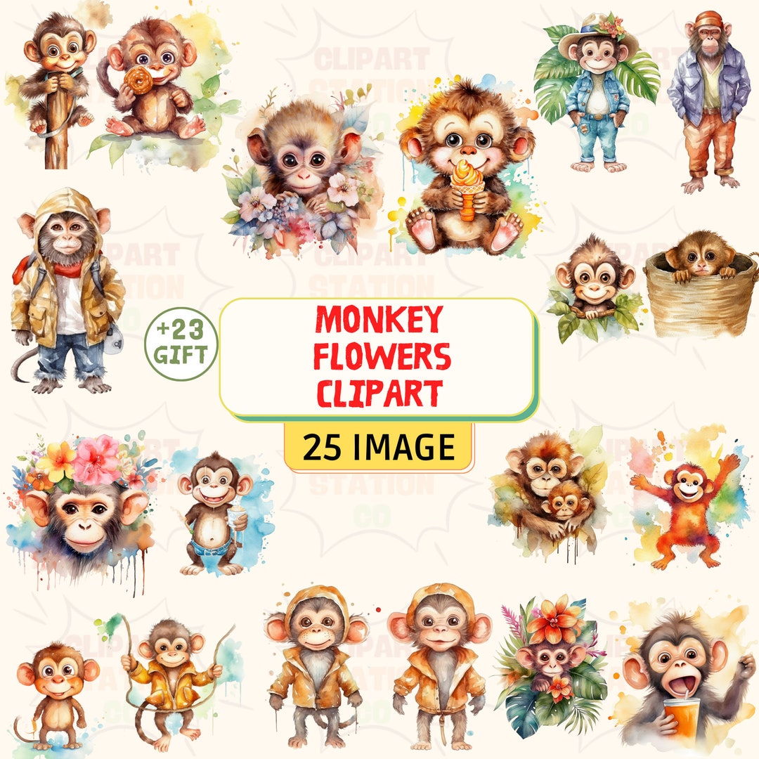 Baby Monkey Clipart Set en PNG transparente Baby Monkey Watercolor ...