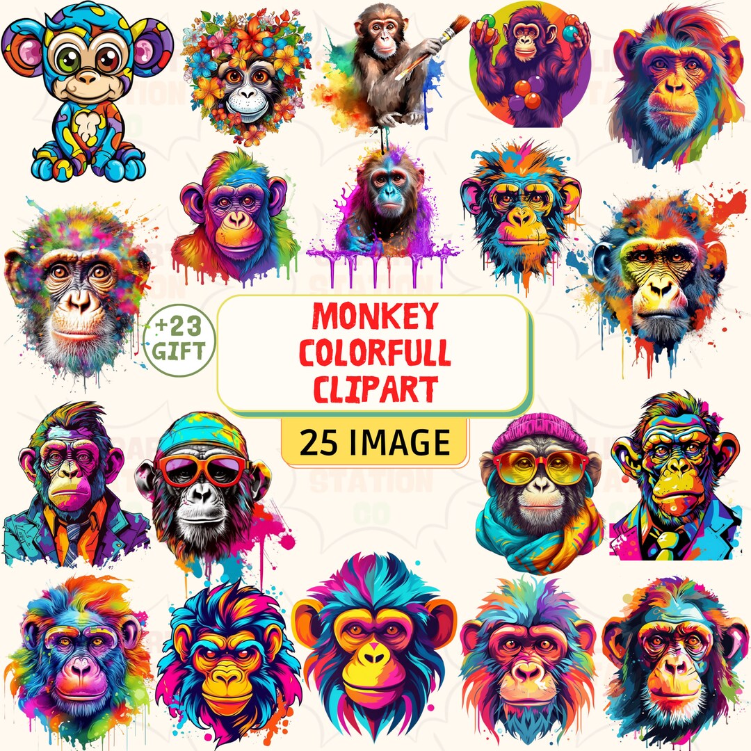 Colorful Monkey Clipart Png Cute Monkey Clipart Animal Wall - Etsy