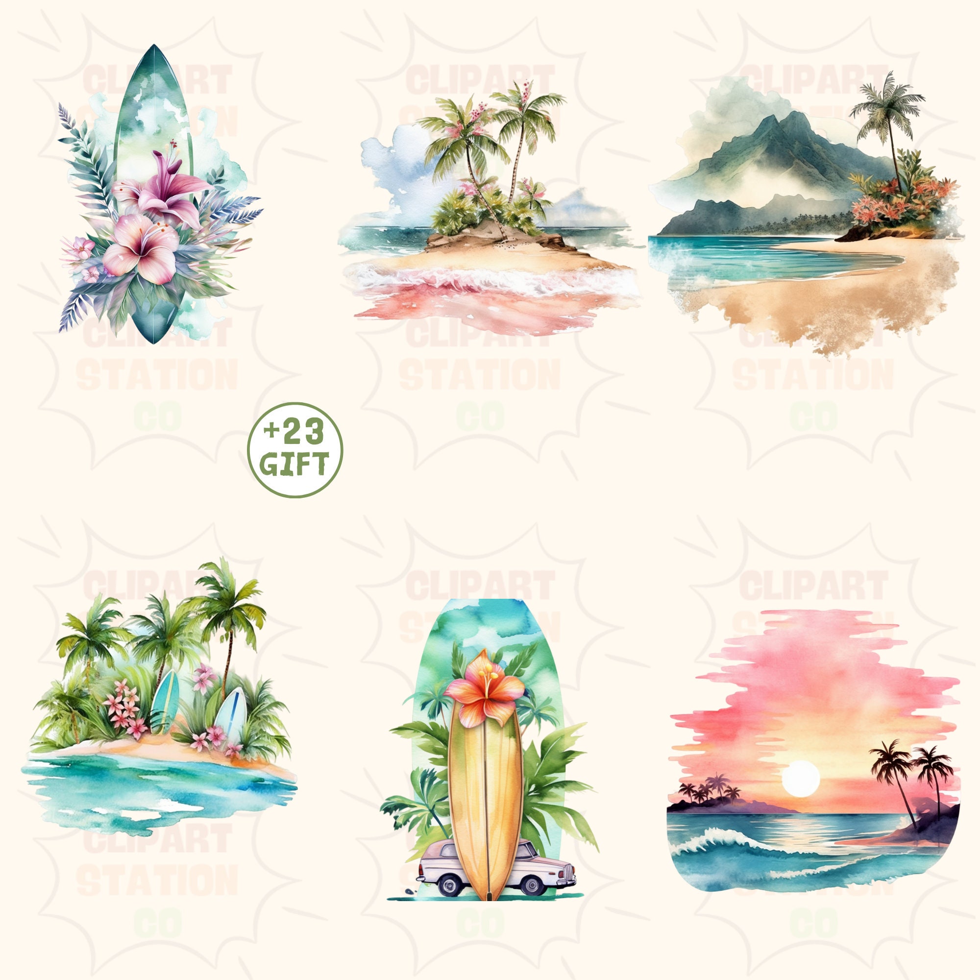 Hawaii Watercolor Clipart, Watercolor Tropical Sunsets Clipart ...