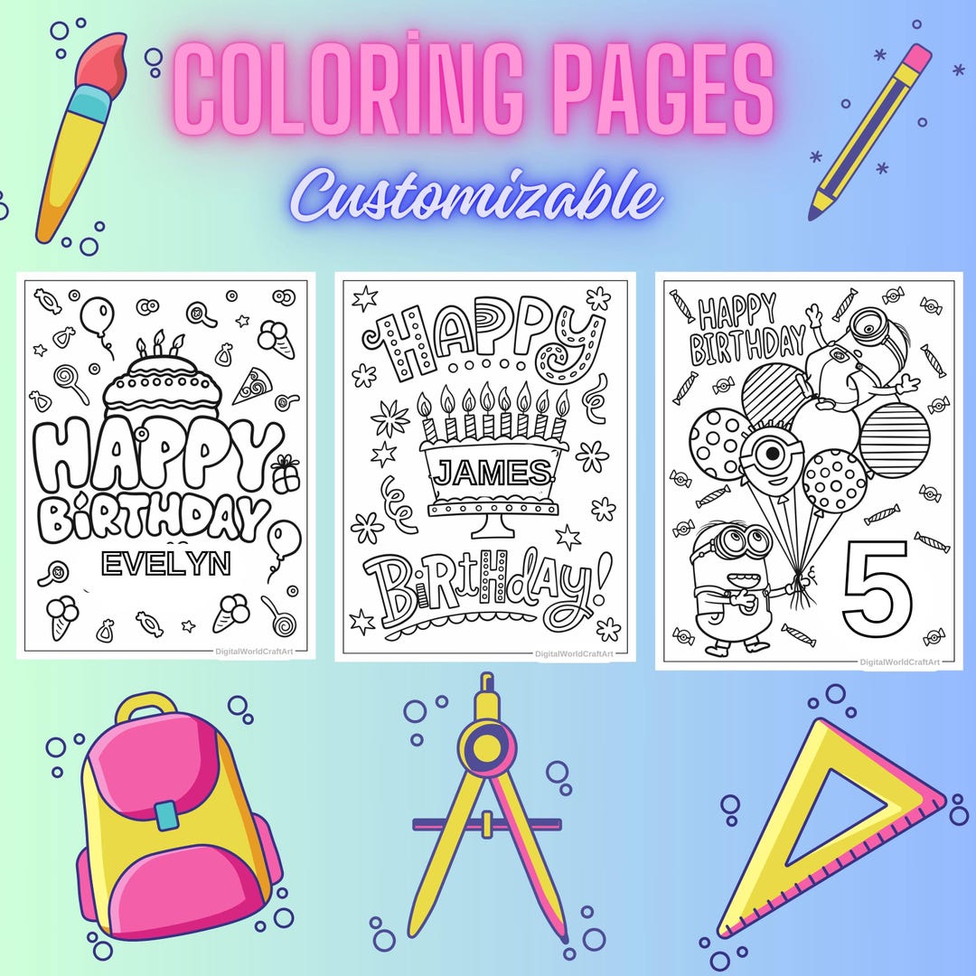 Customizable Birthday Coloring Pages, Birthday Party Coloring, Set of ...