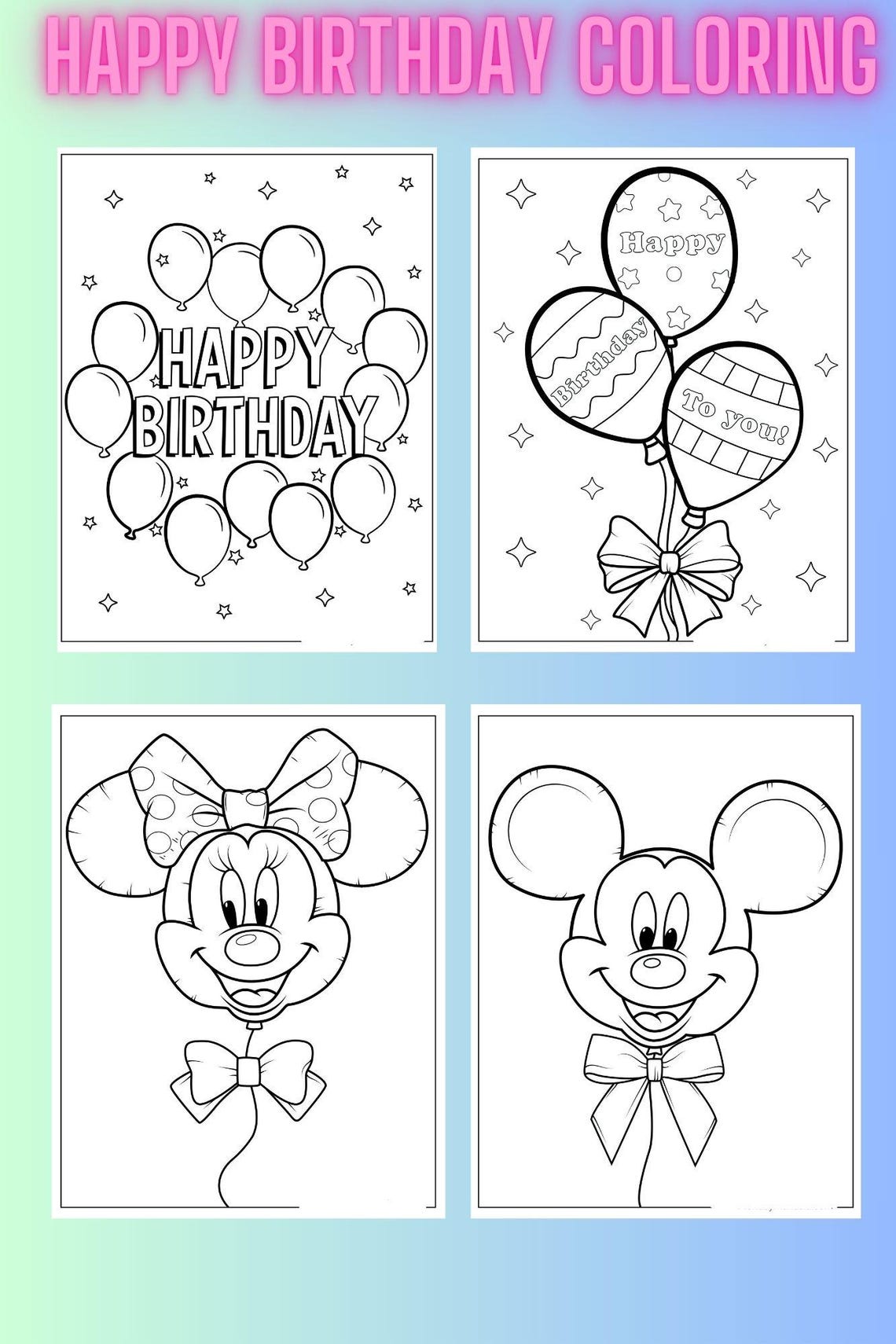 Birthday Coloring Page for Kids , Birthday Party Coloring Sheet , Set ...
