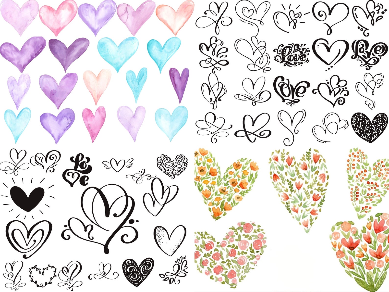 Floral Heart PNG Bundle, Doodle Heart, Love Svg (135 Pcs) (digital ...