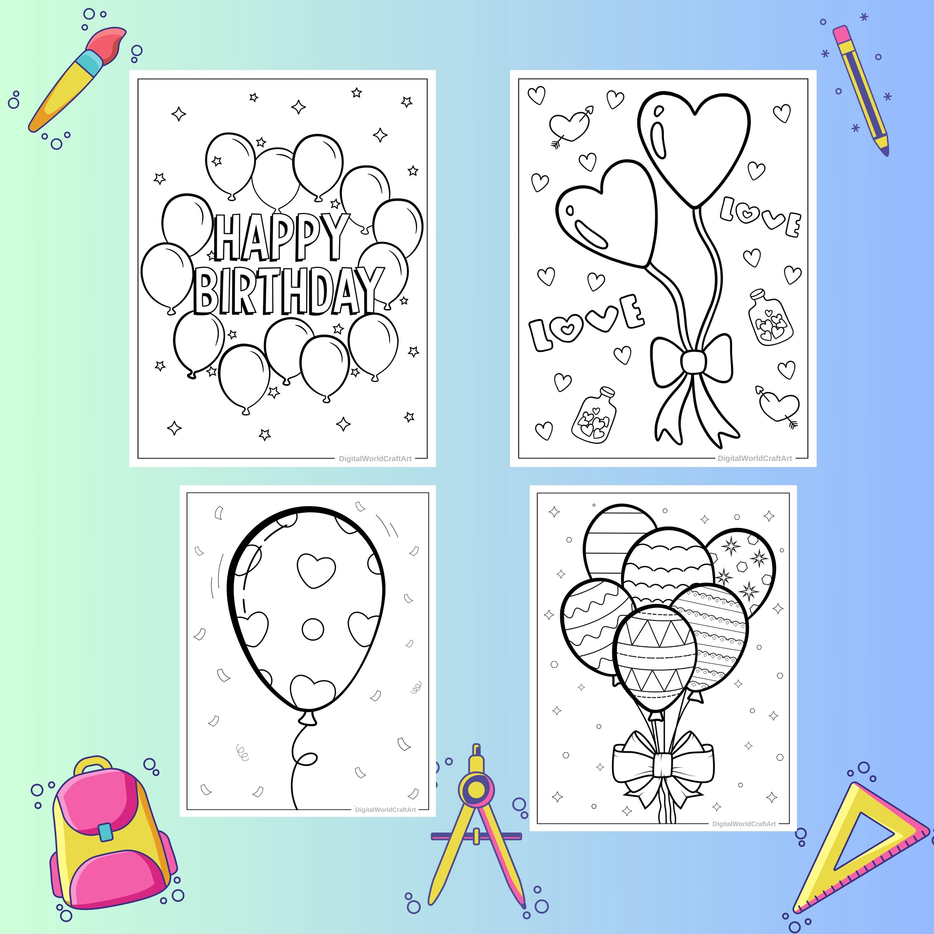 Customizable Birthday Coloring Pages, Birthday Party Coloring, Set of ...