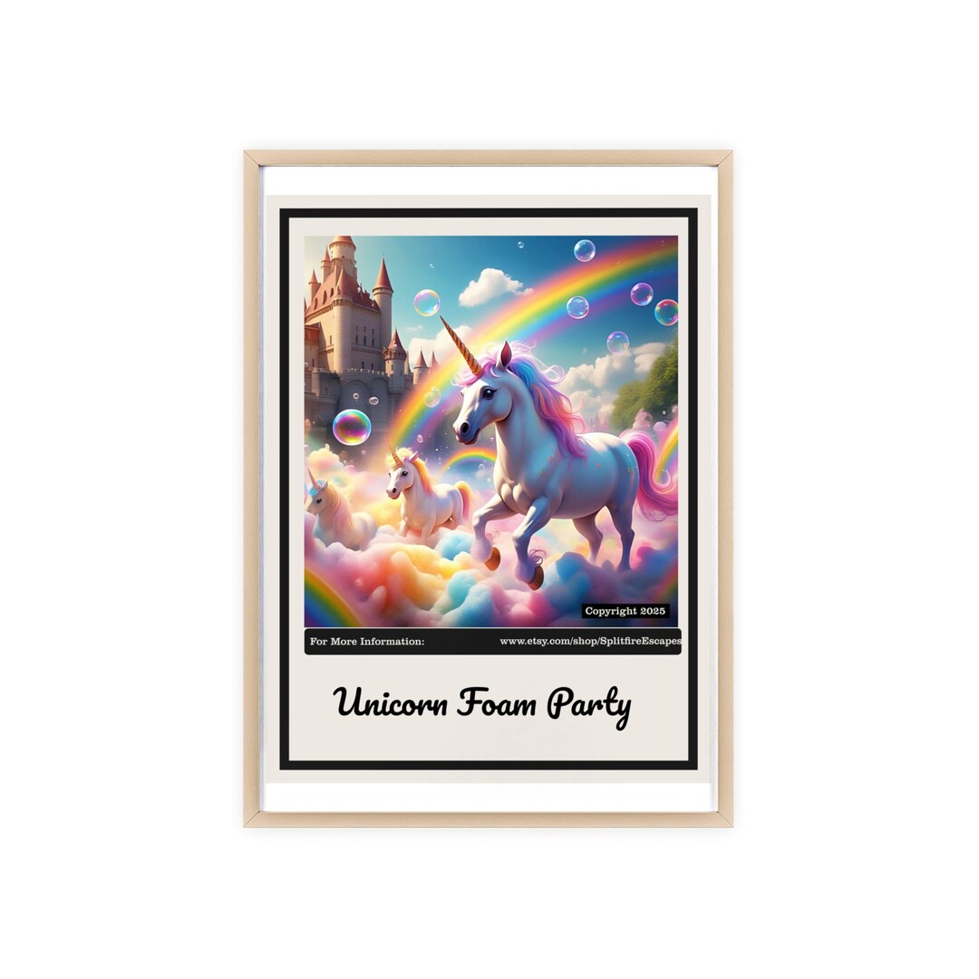 Whimsical Unicorn Foam Party Poster With Wooden Frame, Magical Wall Art ...
