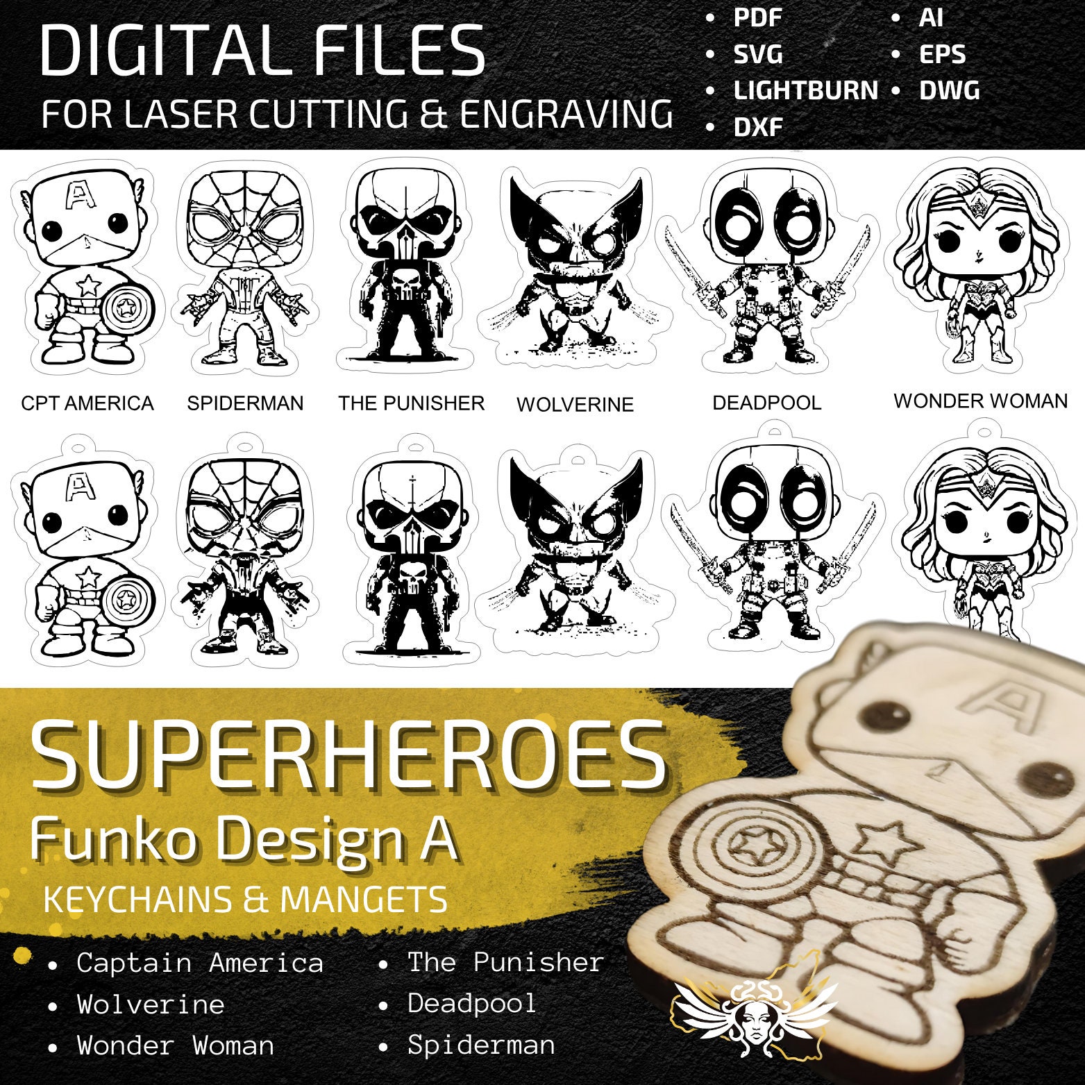 Superheroes Funko Keychain & Magnet - Design A - File for Lasercutting ...