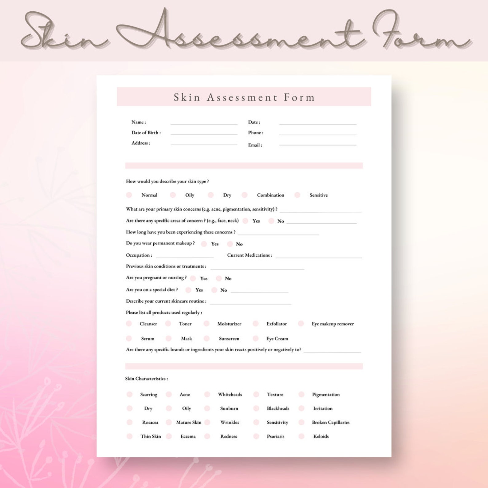 Minimalist Skin Assessment Form| Simple | Printable |facials ...