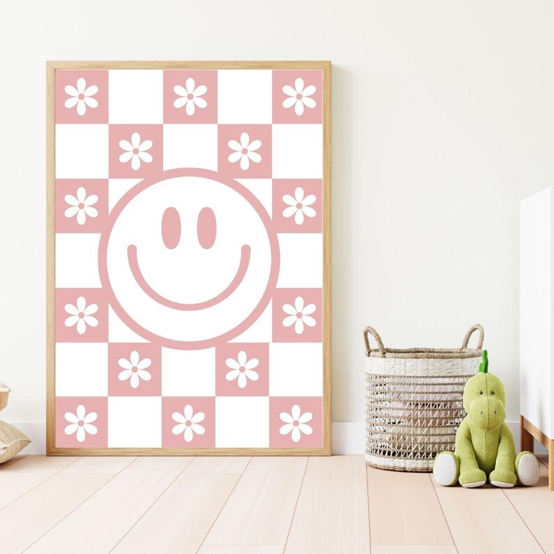Retro Smiley Face Print | Checker Smiley Poster | Girls Room Wall Art ...