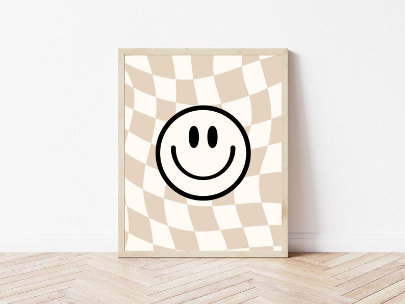 Checkerboard Smiley Face Print Retro Smile Boys Room Wall Print Neutral ...