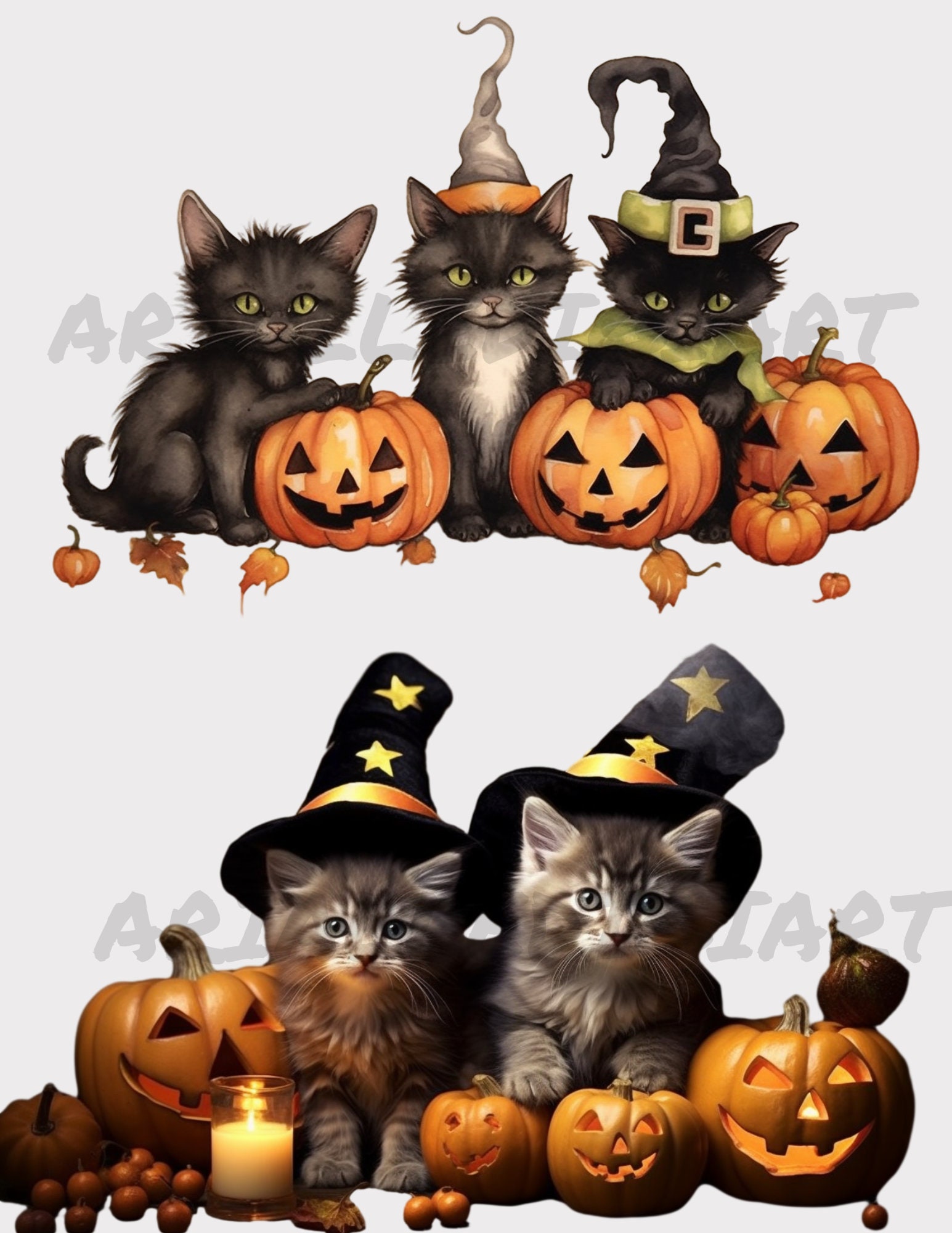 MEGA Halloween Cats Clipart, Watercolor Halloween Kitten, Cute Cat Clipart, Halloween Pumpkin ...