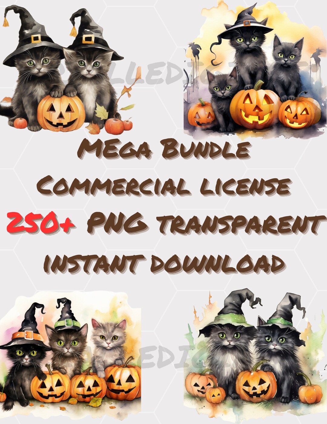 MEGA Halloween Cats Clipart, Watercolor Halloween Kitten, Cute Cat ...
