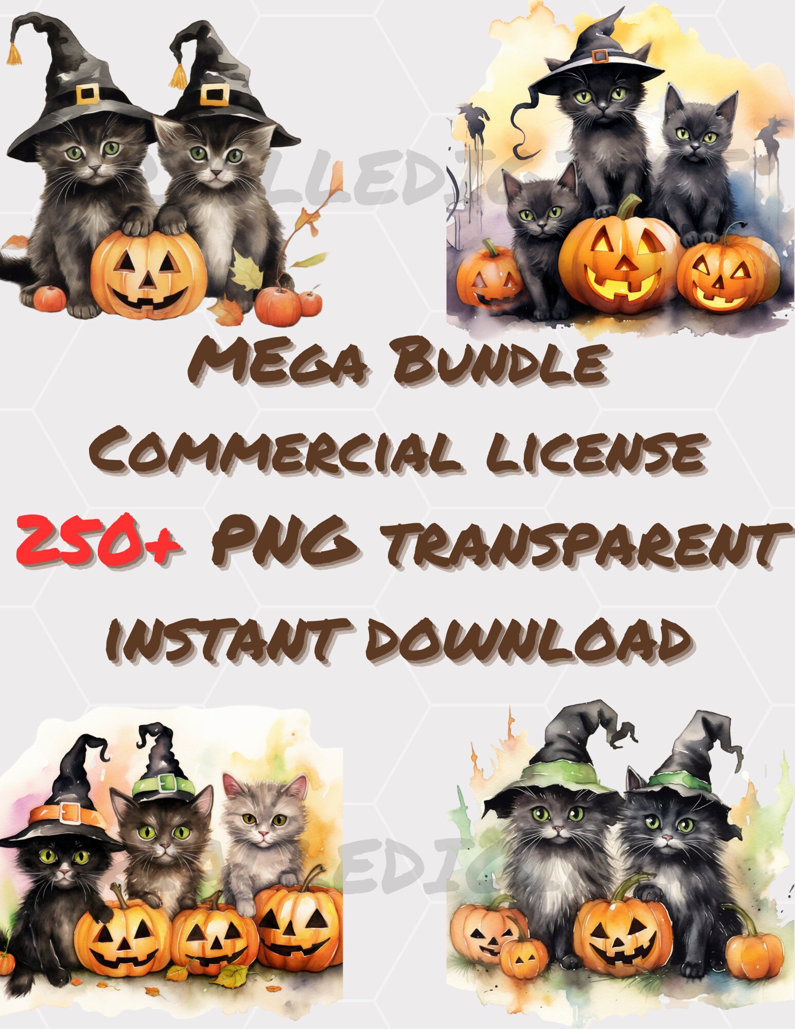 MEGA Halloween Cats Clipart, Watercolor Halloween Kitten, Cute Cat ...