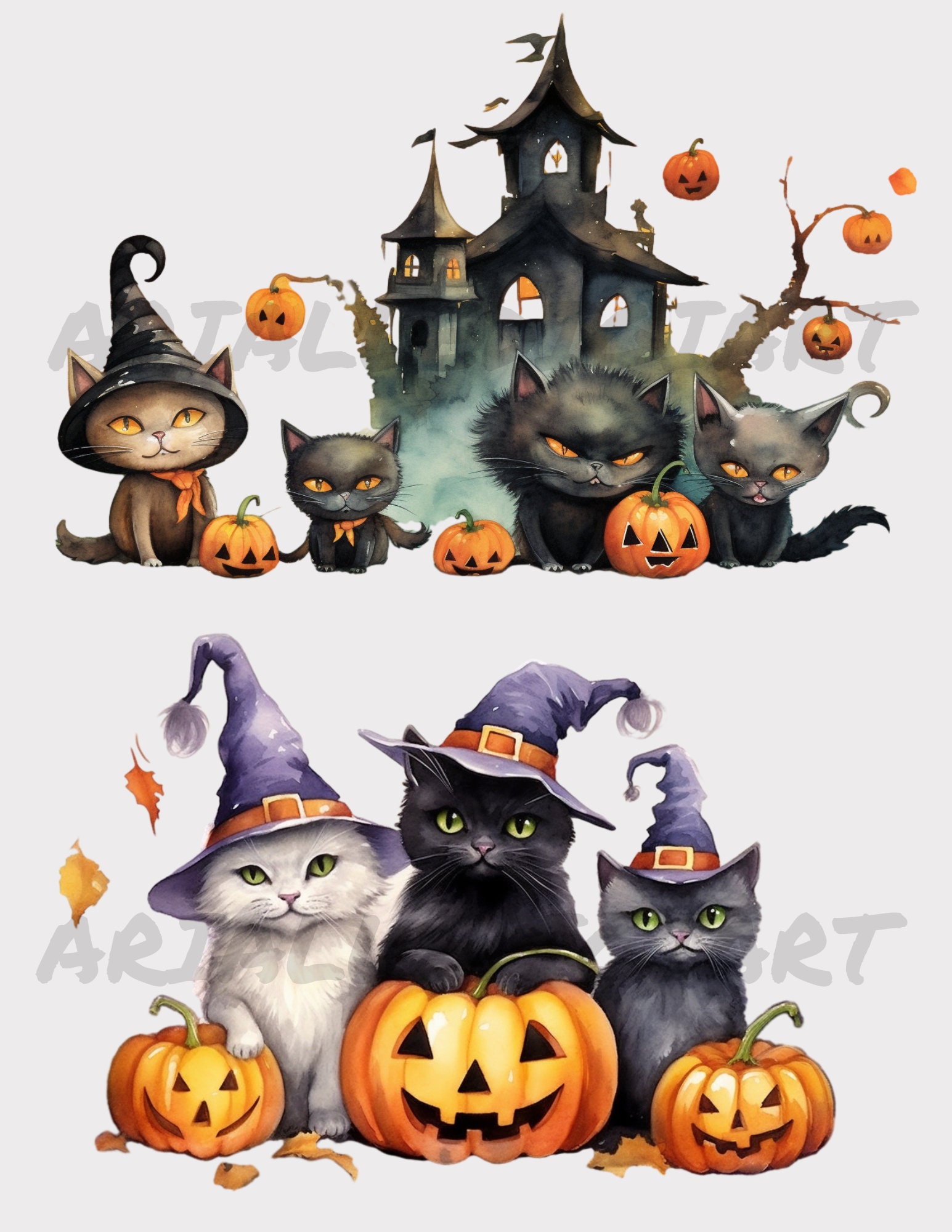 MEGA Halloween Cats Clipart, Watercolor Halloween Kitten, Cute Cat Clipart, Halloween Pumpkin ...