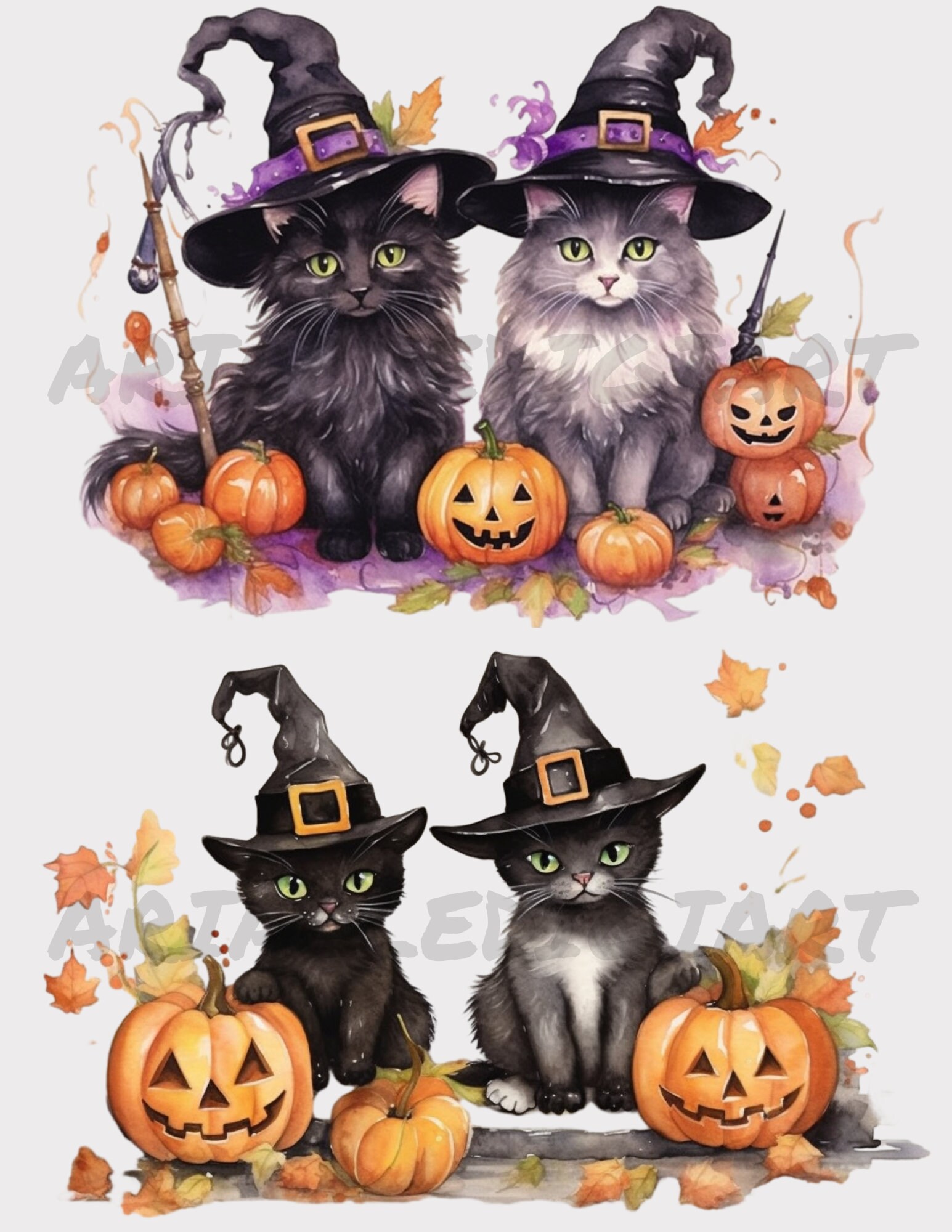 MEGA Halloween Cats Clipart, Watercolor Halloween Kitten, Cute Cat ...