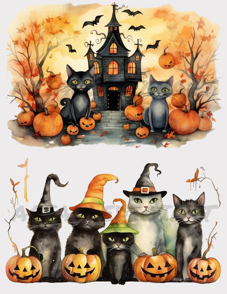 MEGA Halloween Cats Clipart, Watercolor Halloween Kitten, Cute Cat ...