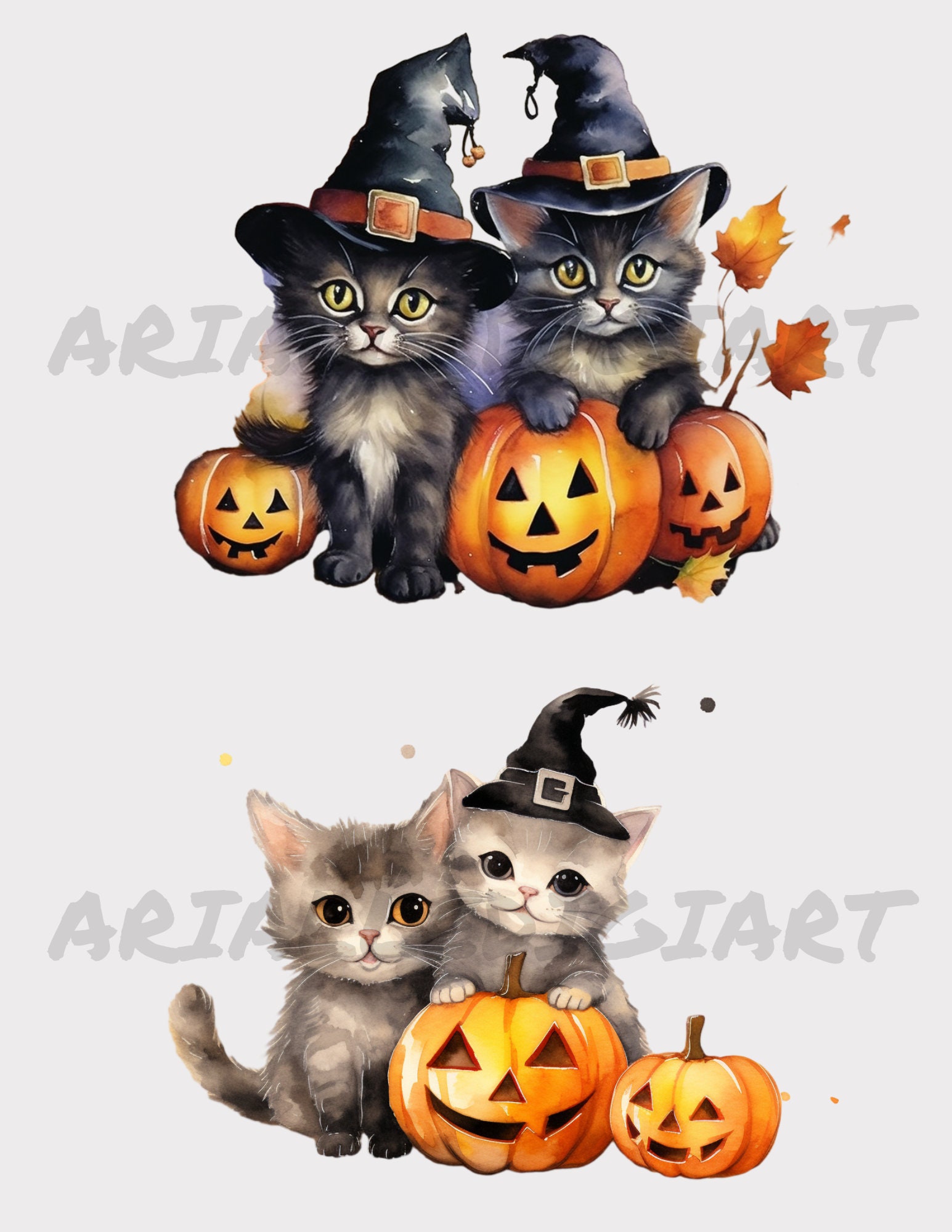 MEGA Halloween Cats Clipart, Watercolor Halloween Kitten, Cute Cat ...