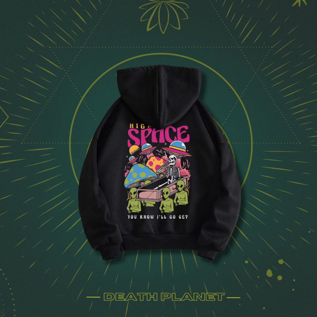 Cartoonish Alien Print Hoodie, High Space Hoodie, Black Zip up Hoodie ...