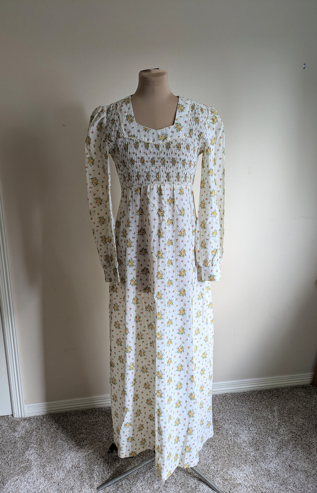 Vintage Seventies Maxi Prairie Princess Dress Floral Print Empire Waist ...