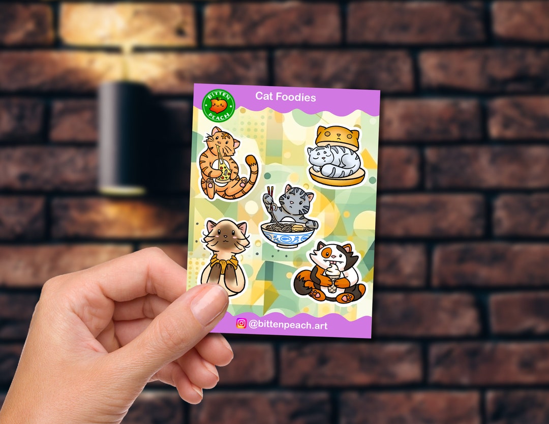 Cat Foodies Sticker Sheet - Cute, Kawaii Kitties Eating Yummy Food ...