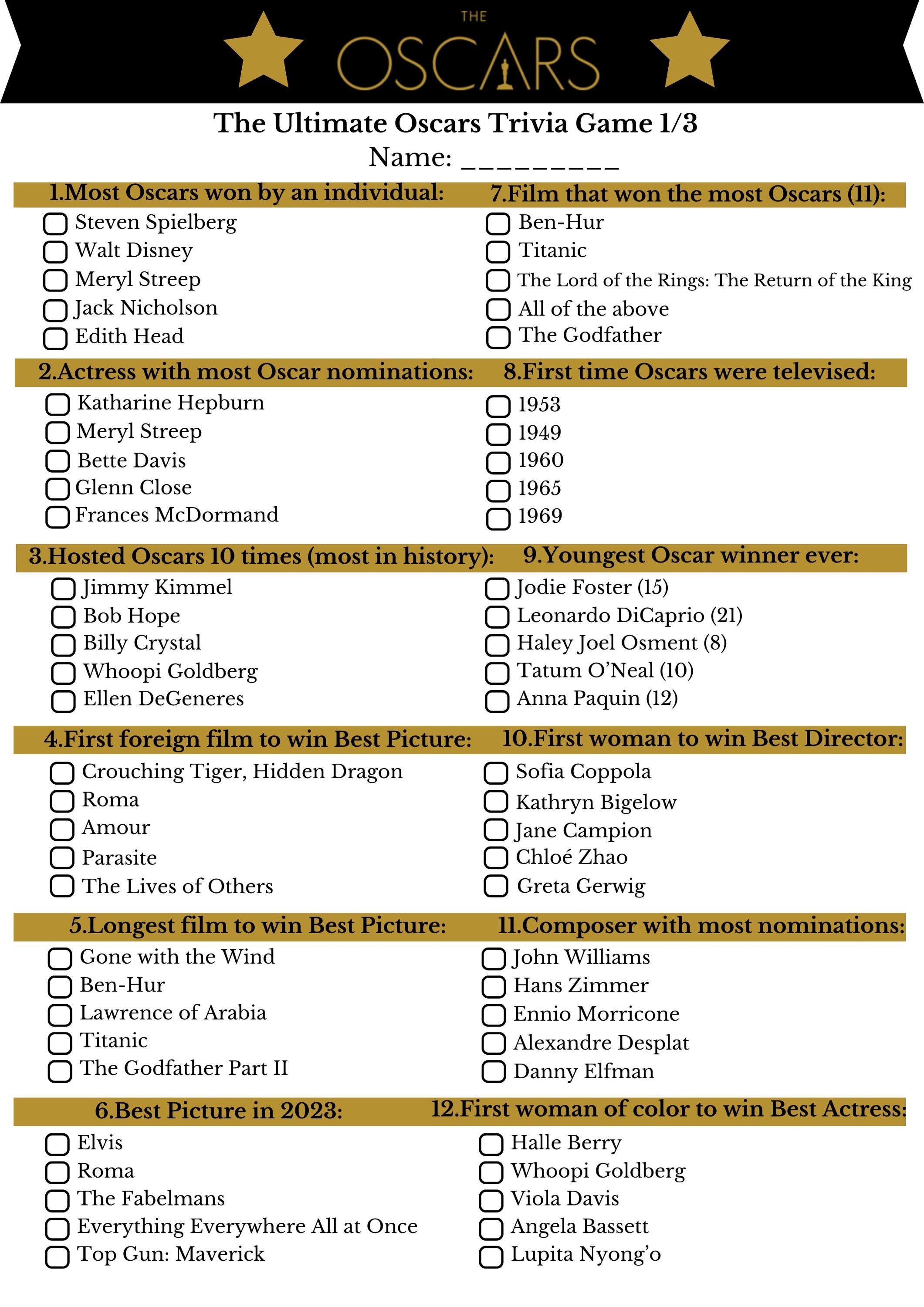 Oscars 2025 Printable Trivia Game Host Guide, 97th Academy Awards Watch ...