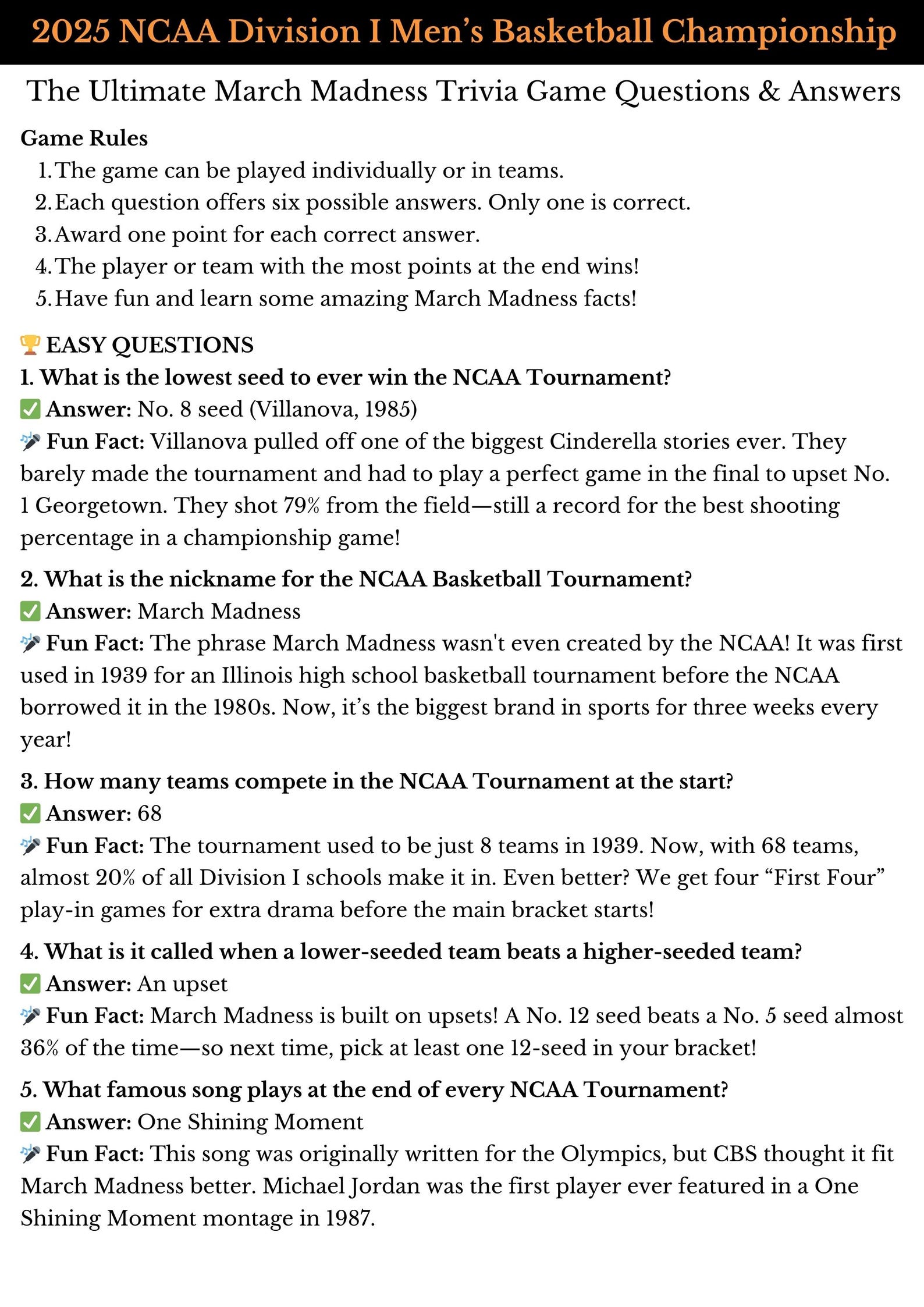 March Madness Trivia Game: Q&A, Fun Facts Host File, 2025 Printable ...
