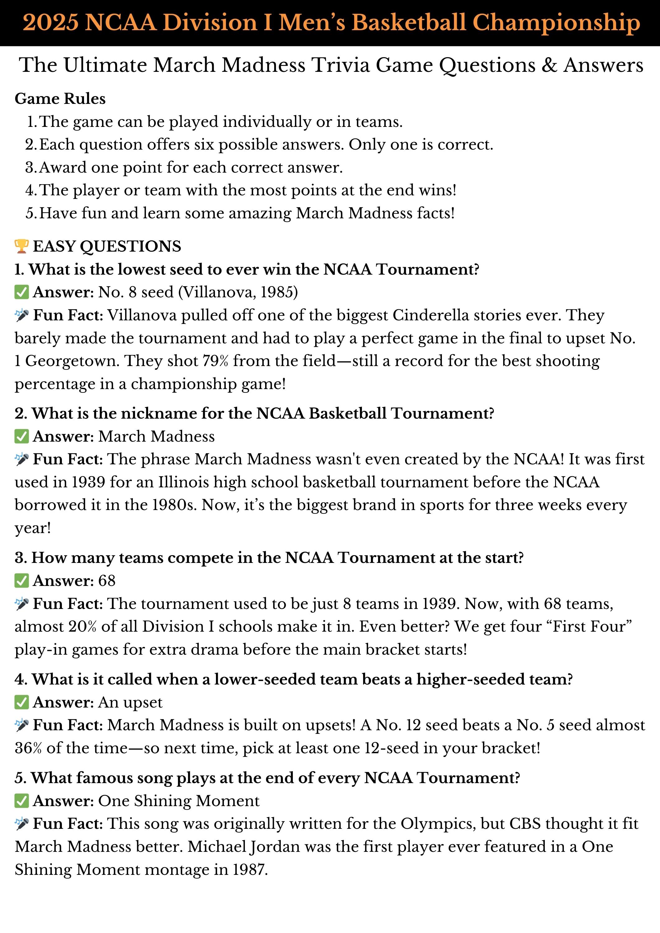 March Madness Trivia Game: Q&A, Fun Facts Host File, 2025 Printable ...
