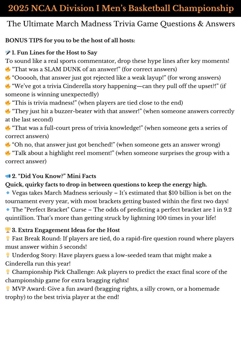 March Madness Trivia Game: Q&A, Fun Facts Host File, 2025 Printable ...