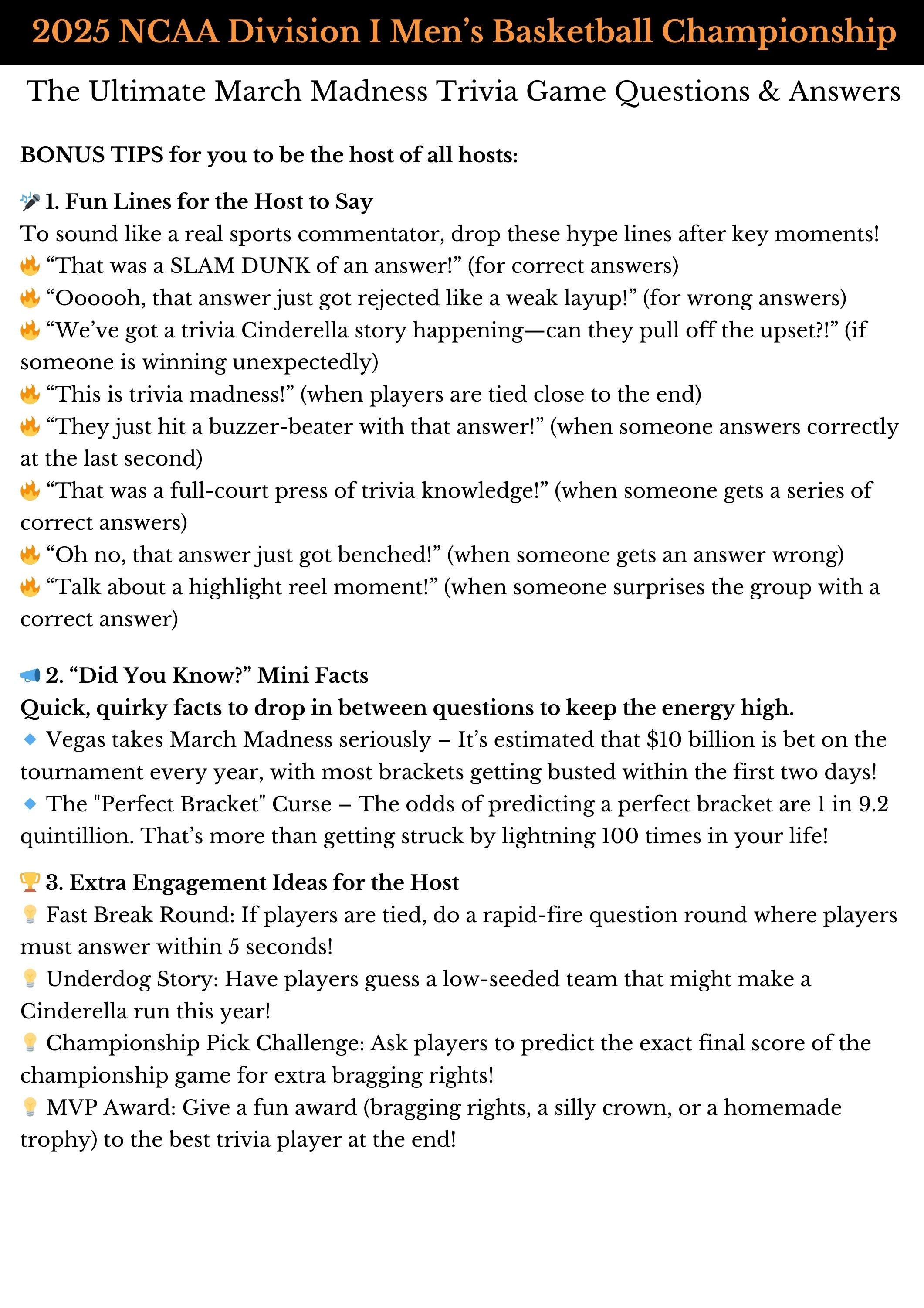 March Madness Trivia Game: Q&A, Fun Facts Host File, 2025 Printable ...