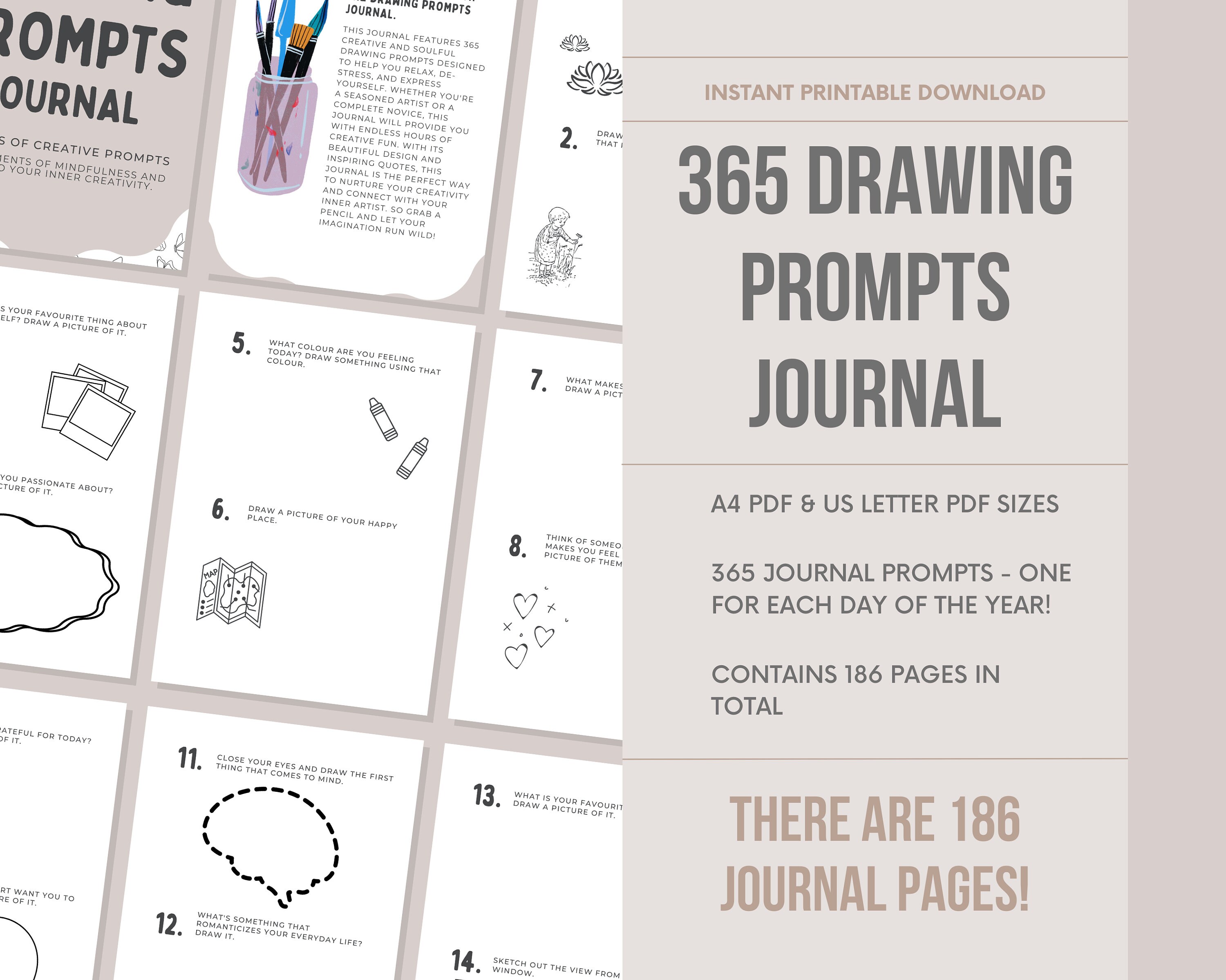 Drawing Prompts Journal Doodle Book Printable Drawing and Colouring ...