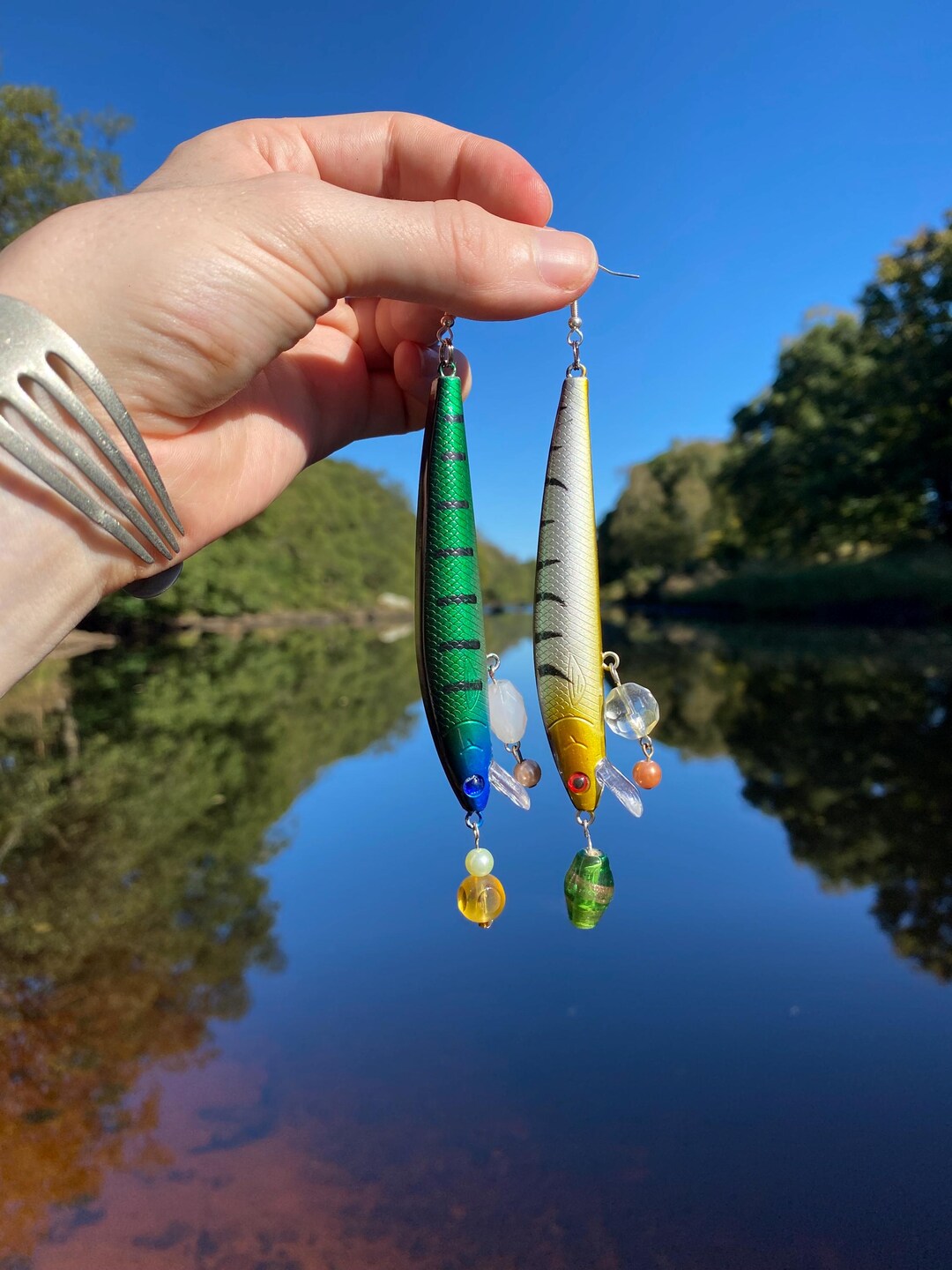 Bespoke Green & Metallic Fishing Lure Earrings - Etsy