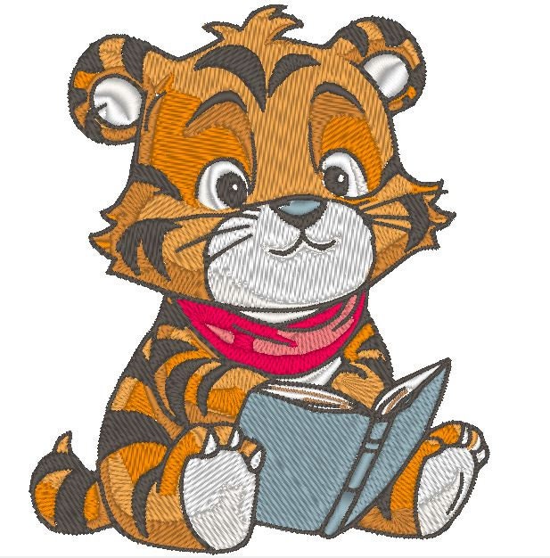 Cute Tiger Embroidery File, Reading Tiger, Embroidery Design, Animal ...