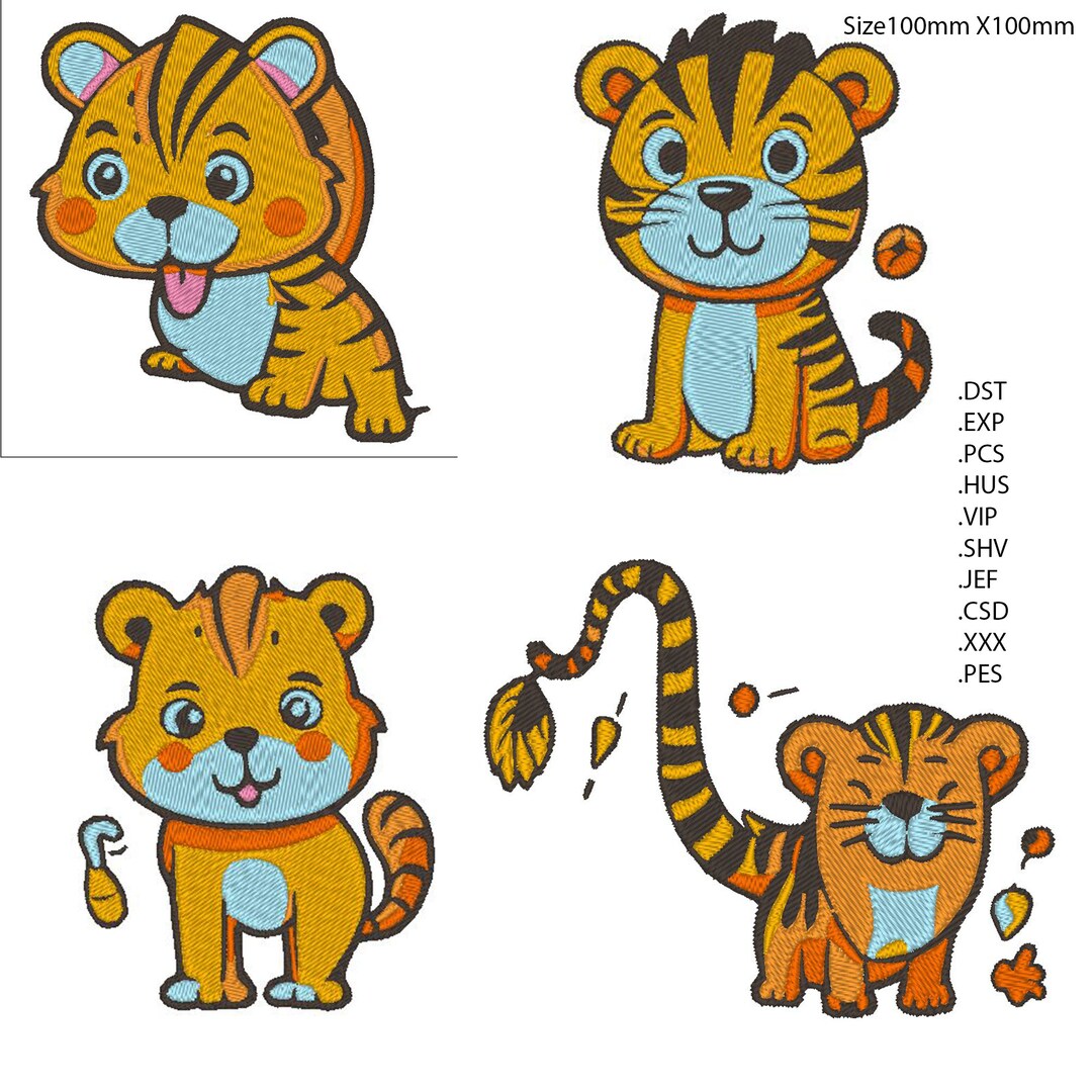 Doodle Tiger Embroidery File Kid Friendly 4 Designs 100mm X 100mm ...