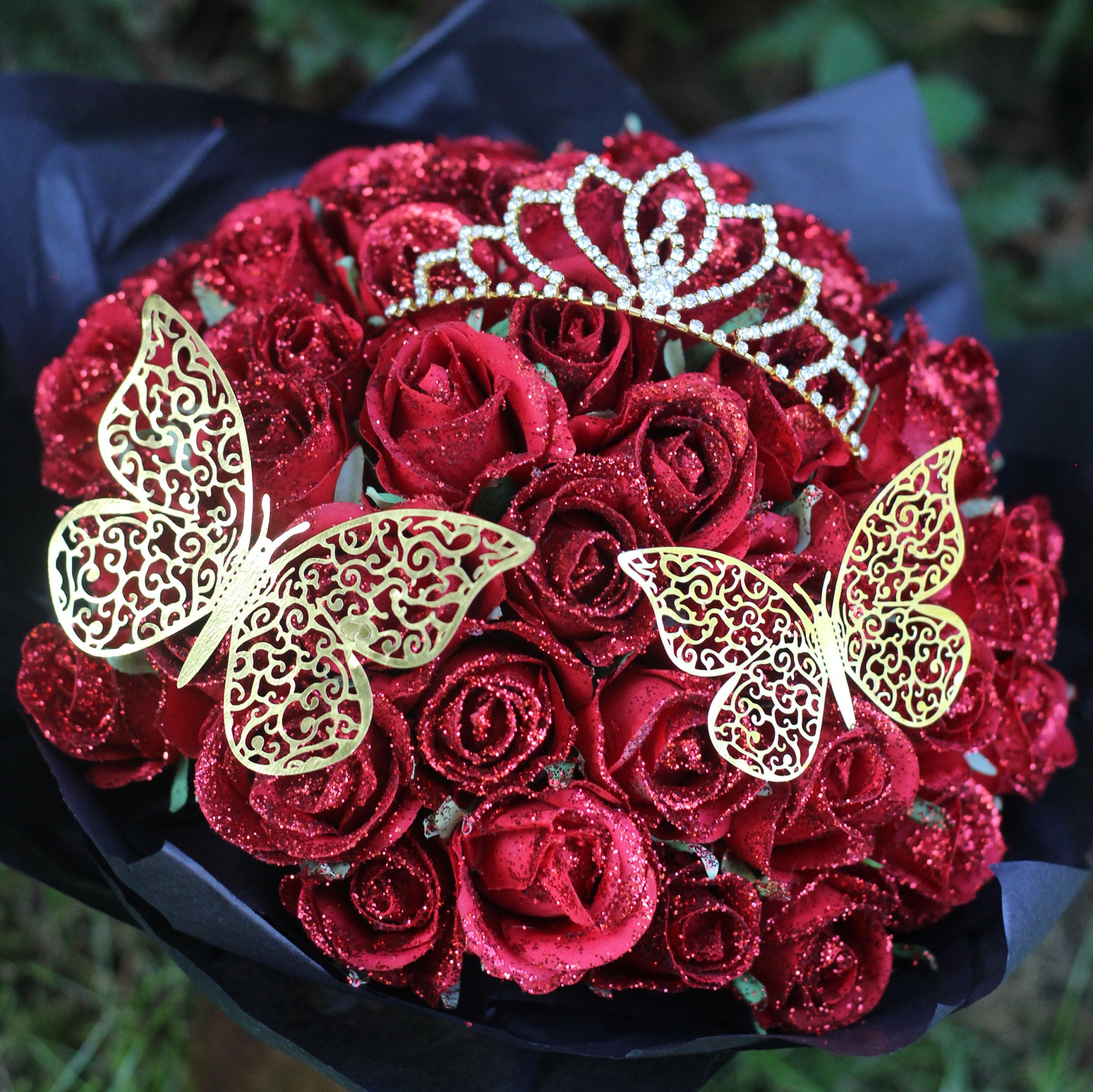Eternal Glitter Rose Bouquet W Gold Tiara Crown & Butterflies Forever ...