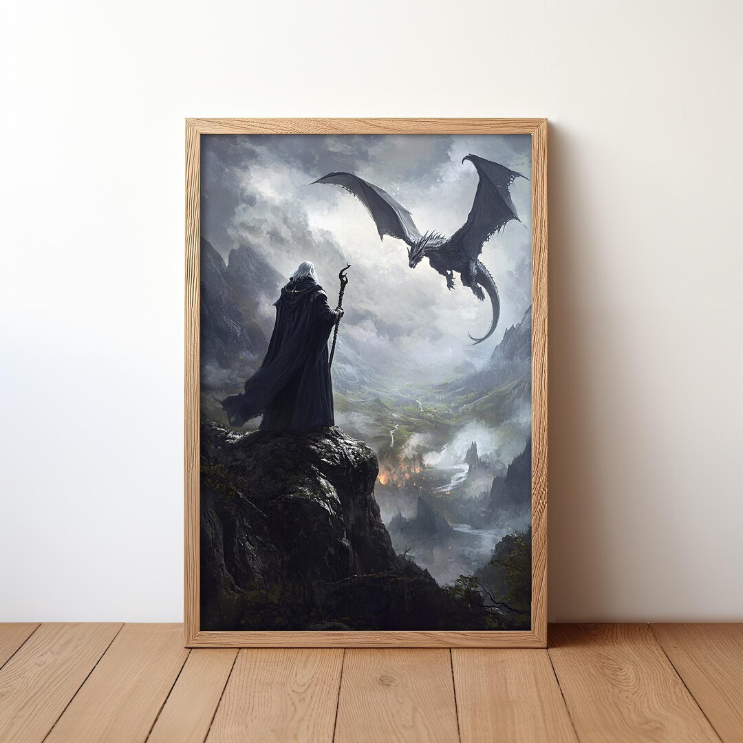 Dragon and Wizard Wall Art, Printable Wall Art, Colorful Boho Wall ...