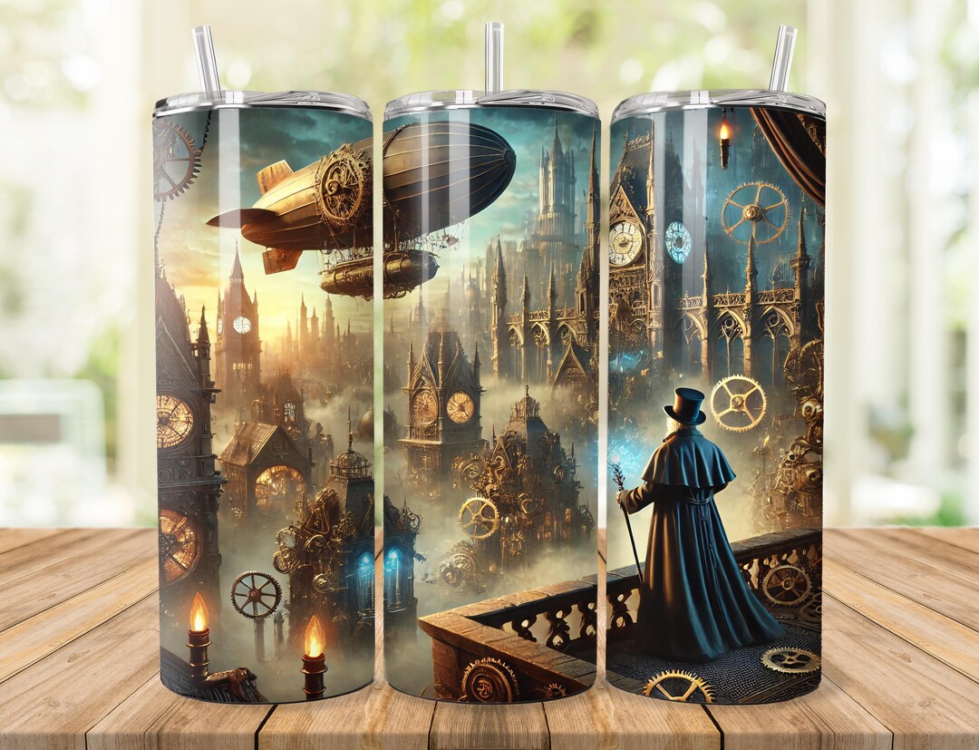 Zeppelin and Wizard in Steampunk City Tumbler Wrap, 20 Oz 30 Oz Skinny ...