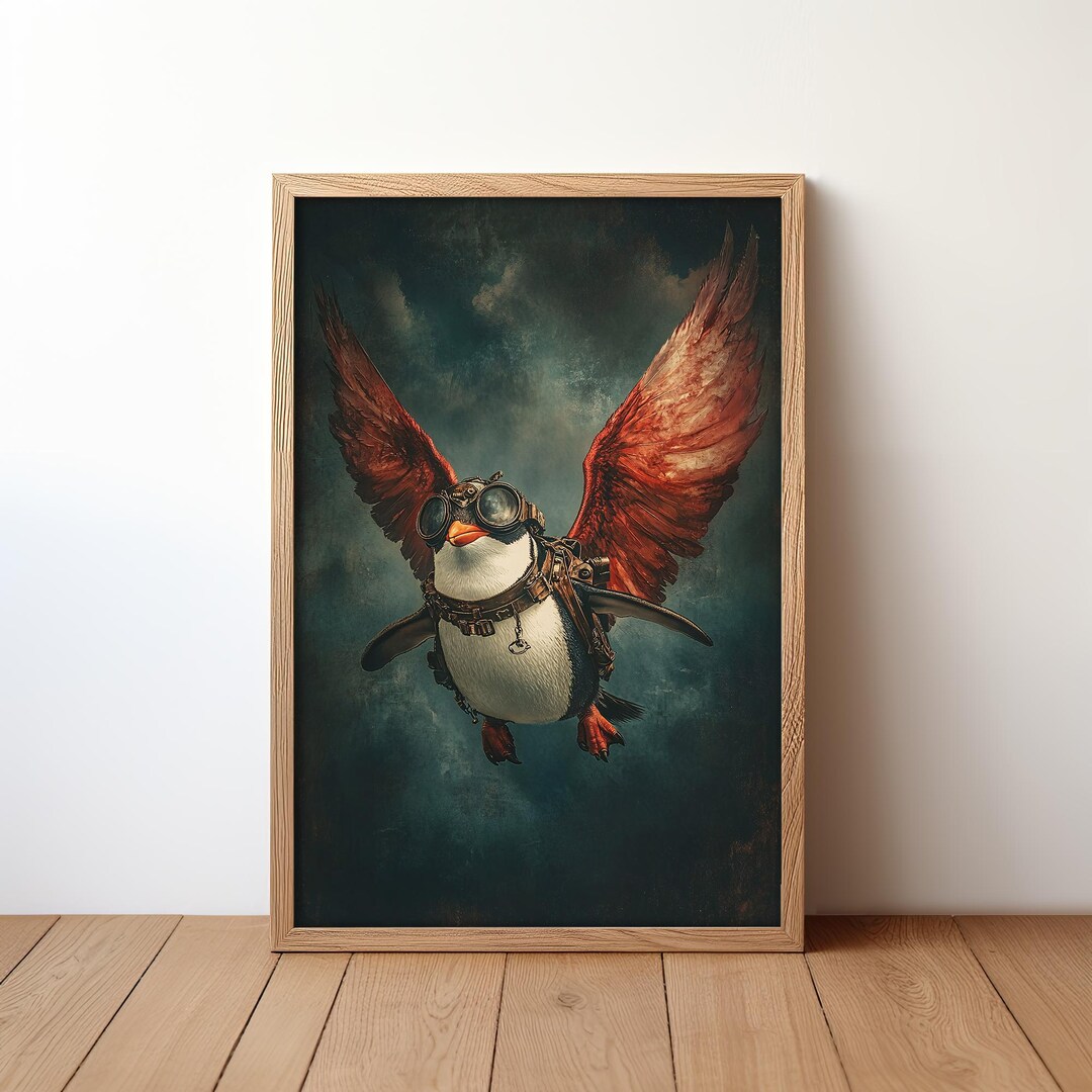 Flying Penguin Wings Wall Art: Steampunk Aviator Poster (digital ...