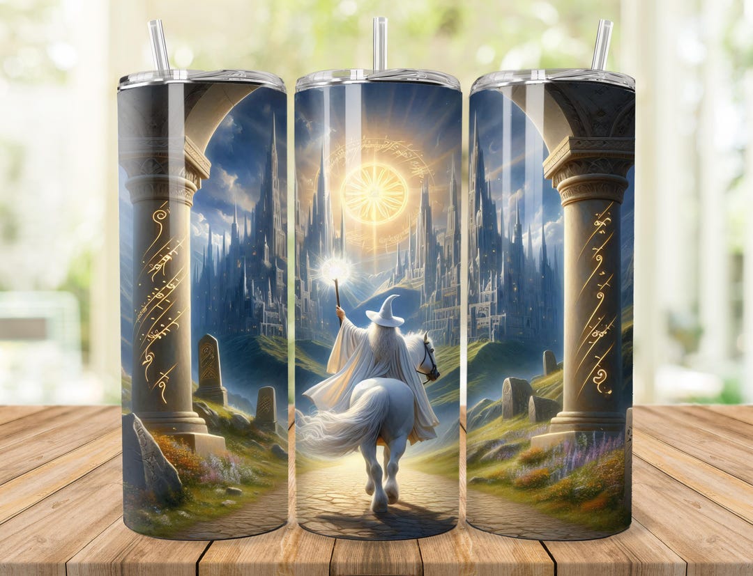 White Wizard Tumbler Wrap: Fantasy City Design 20oz Tumbler Sublimation ...