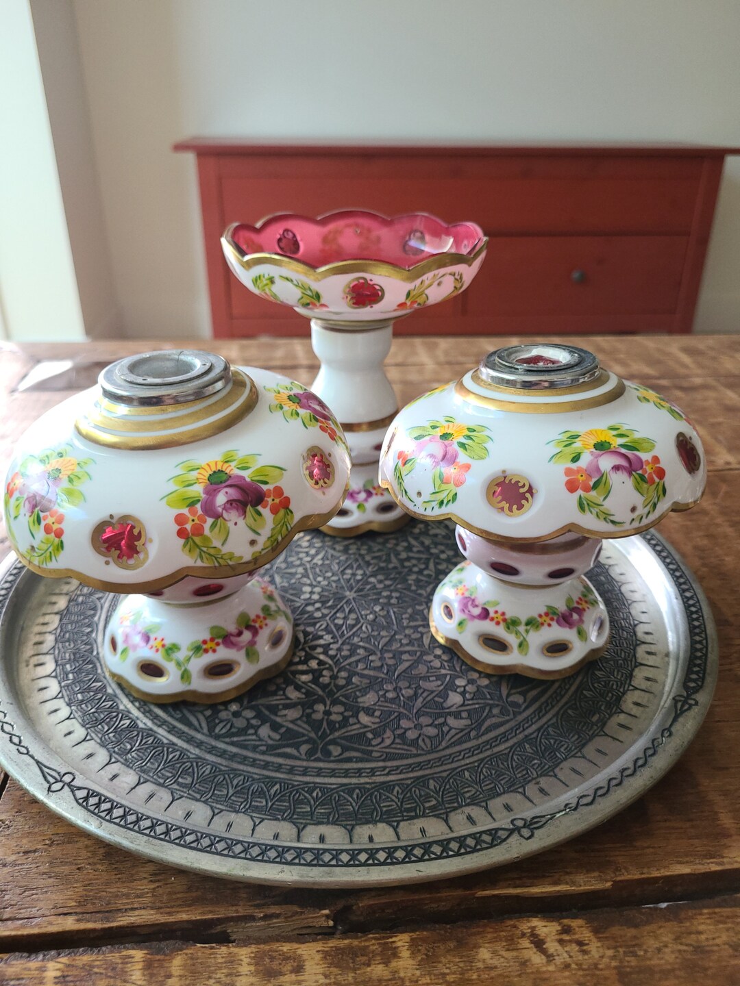 Moser Amber Cut Cased, White Engraved Beautiful Heavy Designed Lamps ...