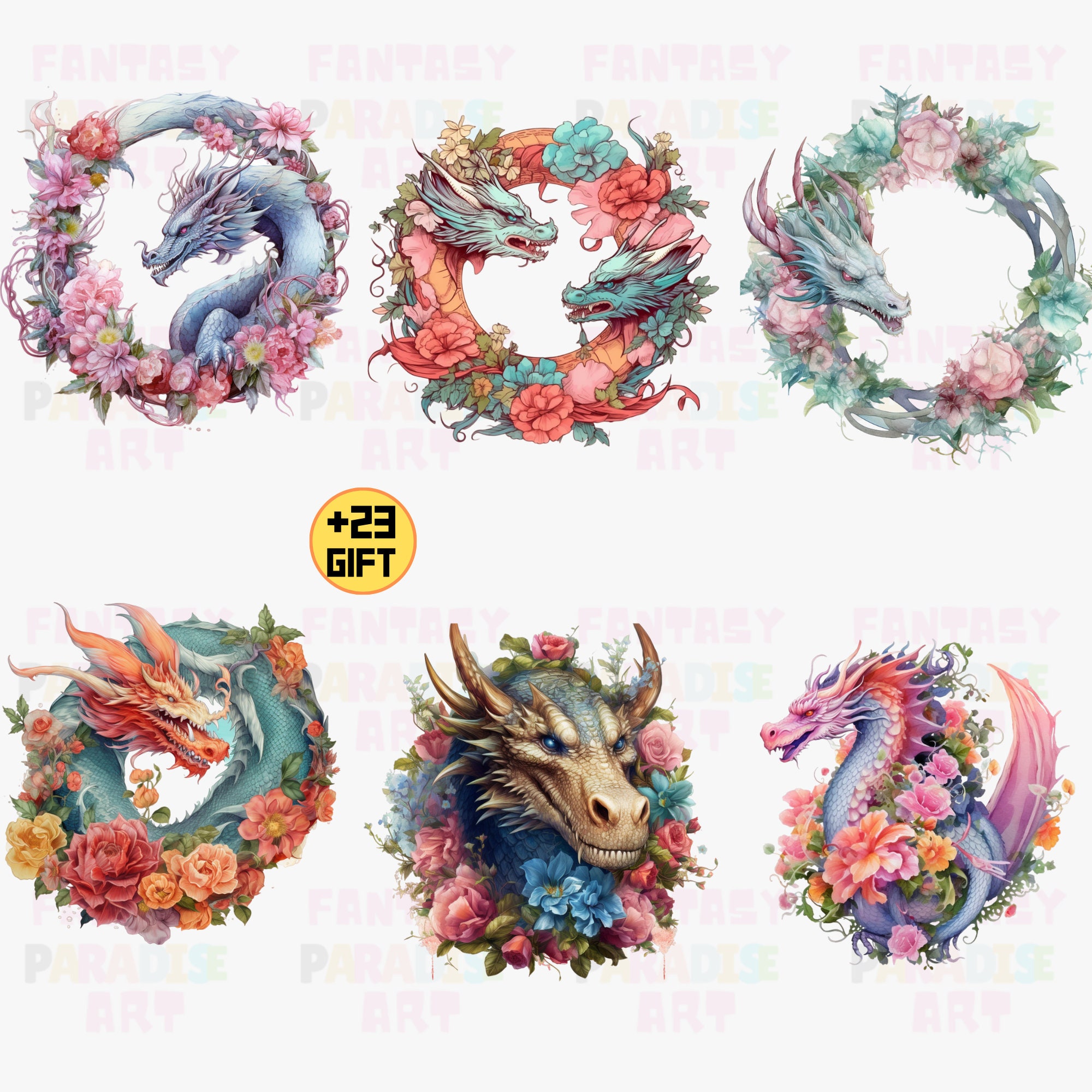 Dragon Floral Clipart Png Dragons Bundle Clipart Dragon - Etsy