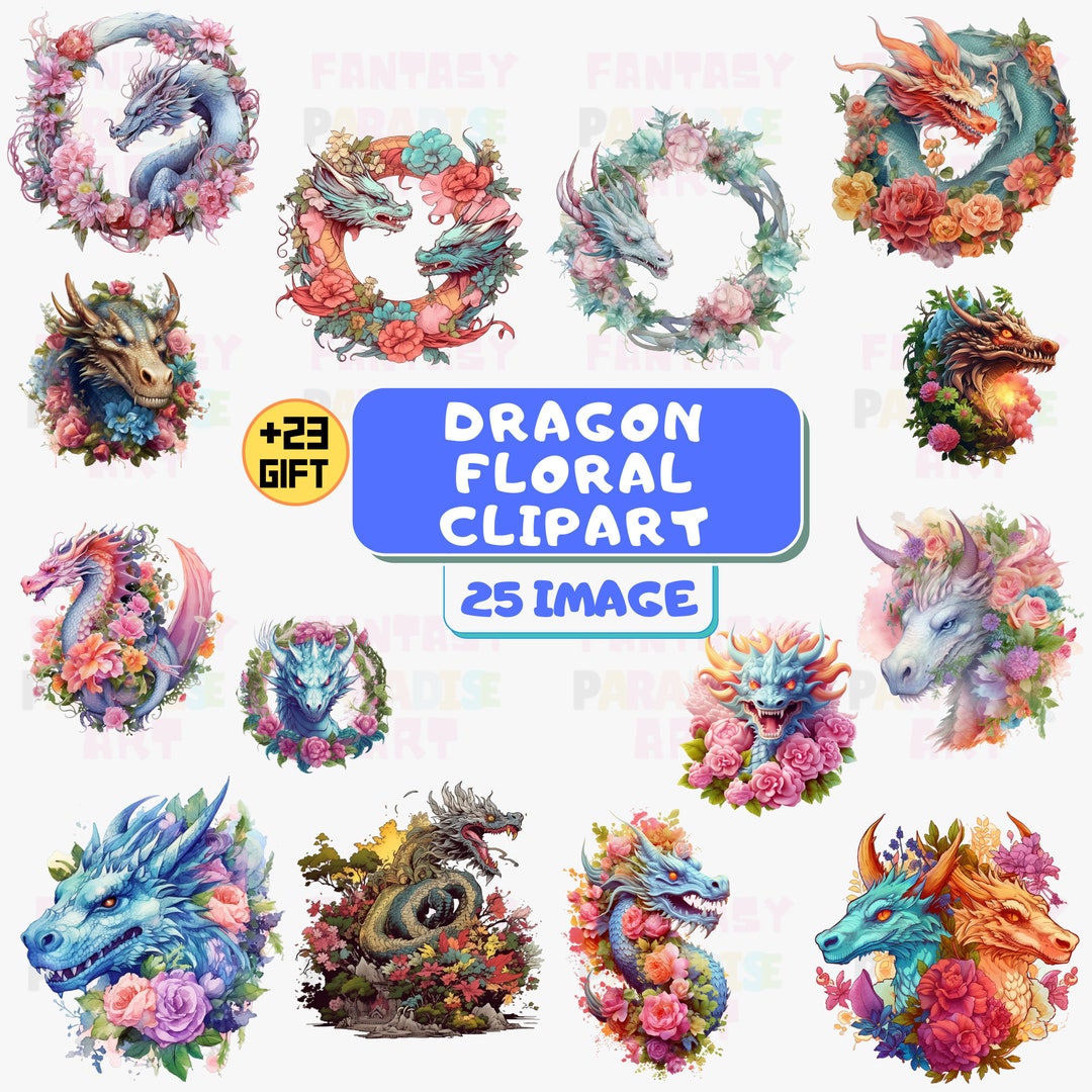 Dragon Floral Clipart Png Dragons Bundle Clipart Dragon - Etsy