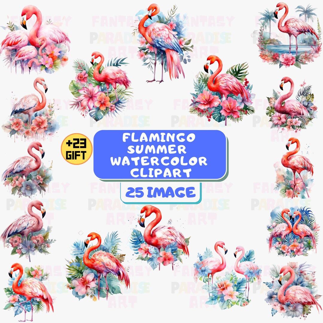Watercolor Flamingo Clipart, Flamingo Beach Sunset Clipart, Watercolor ...