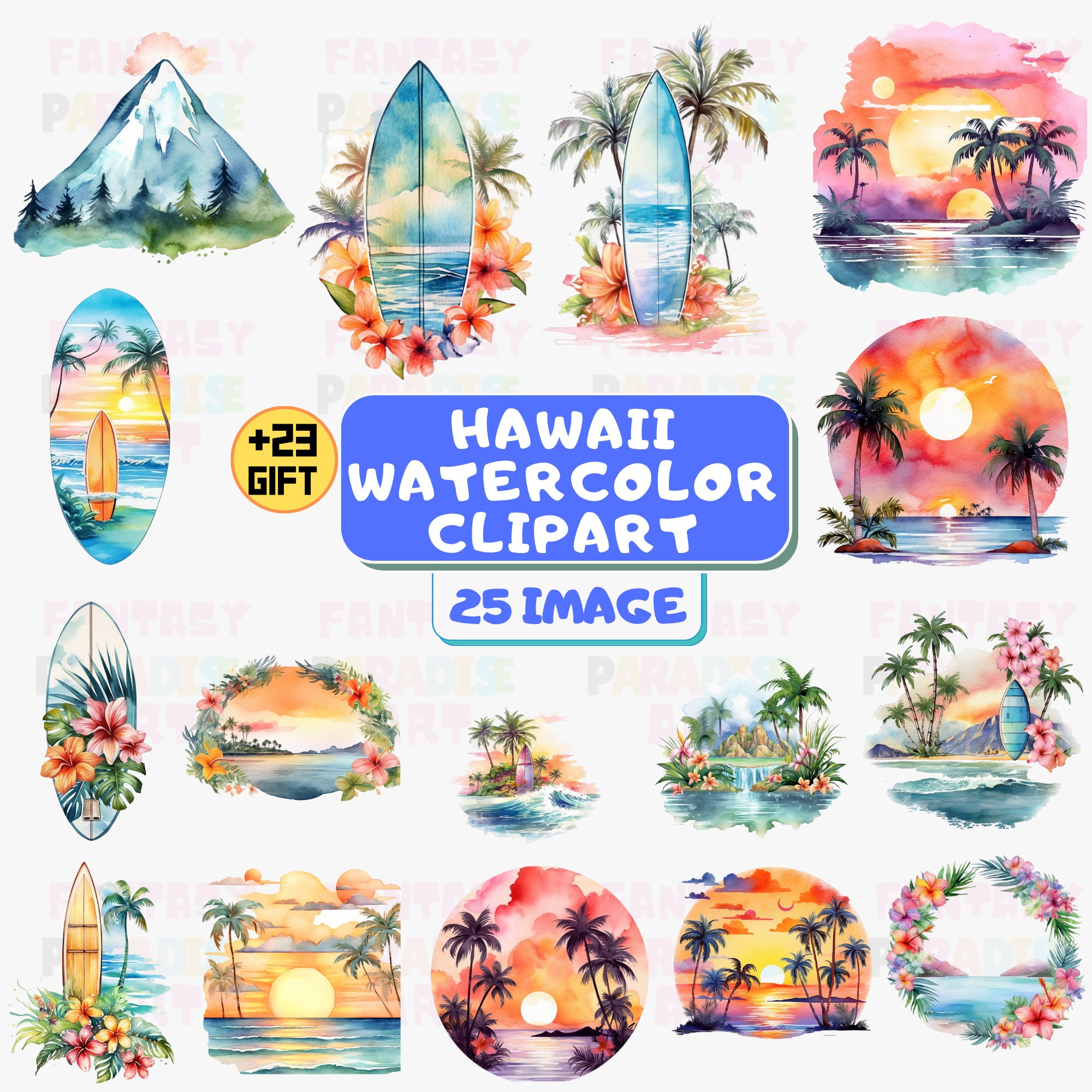 Hawaii Watercolor Clipart, Tropical Island Summer Surfing Pastel ...